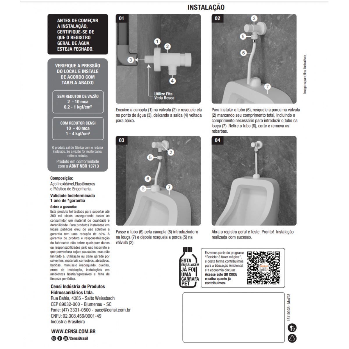 Válvula mictório temporizada Cromada Censi 97000 - Gessner